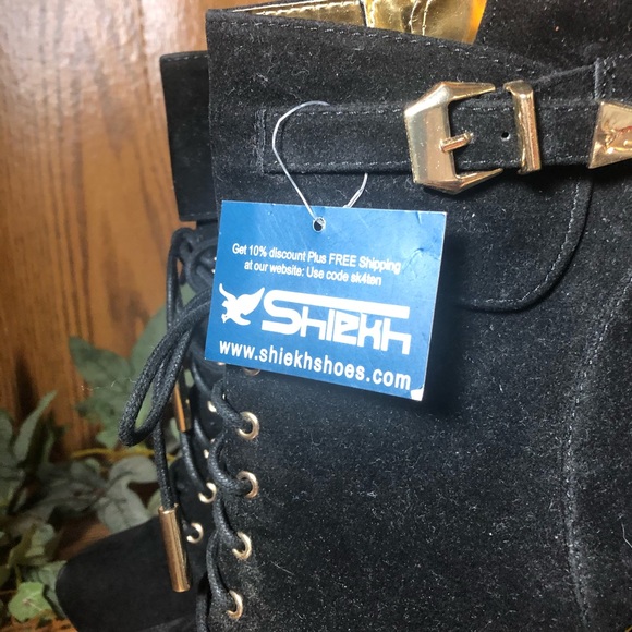 Shiekh | Shoes | Sheikh Black Gold High Heel Lace Up Booties Nwt | Poshmark